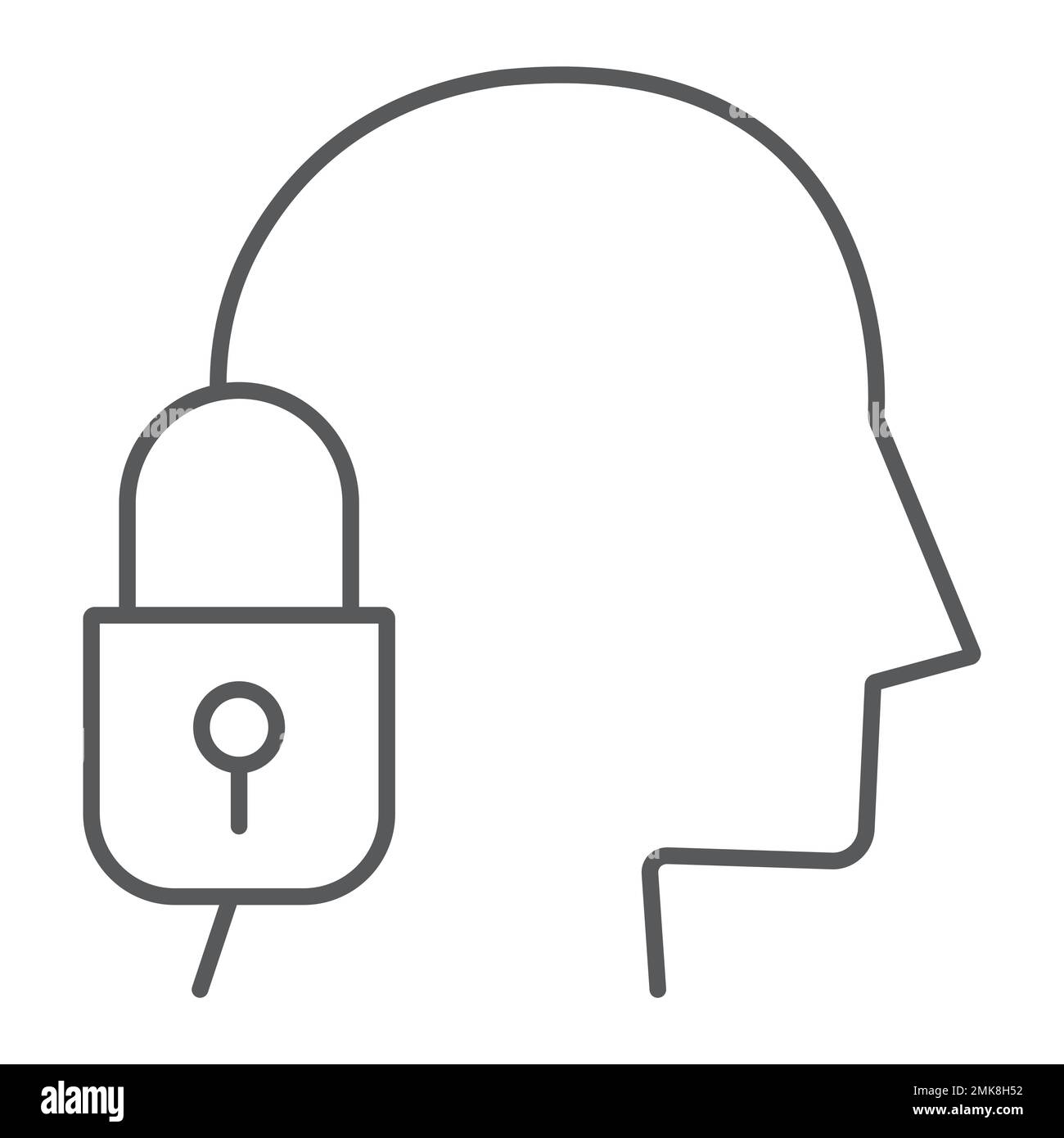 Head lock thin line icon, protection and person, padlock and head sign, vector graphics, a ...