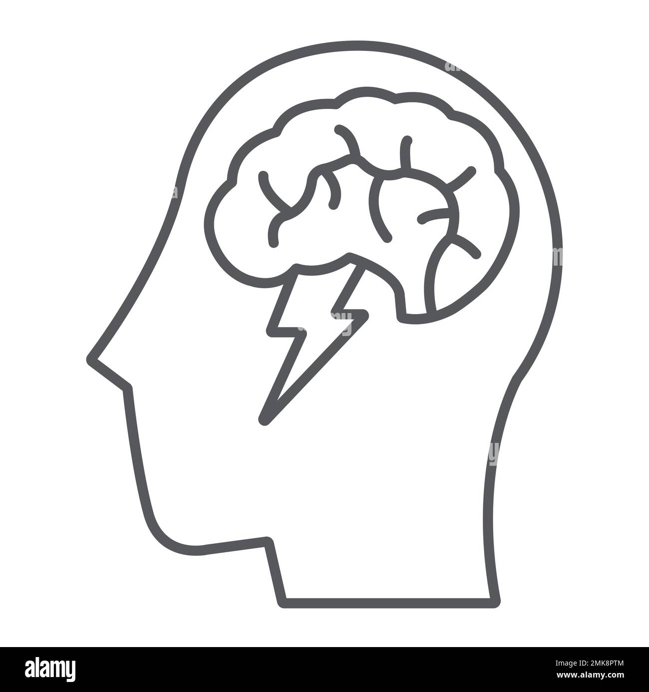 Brainstorm thin line icon, creative and idea, brain and thunder sign ...