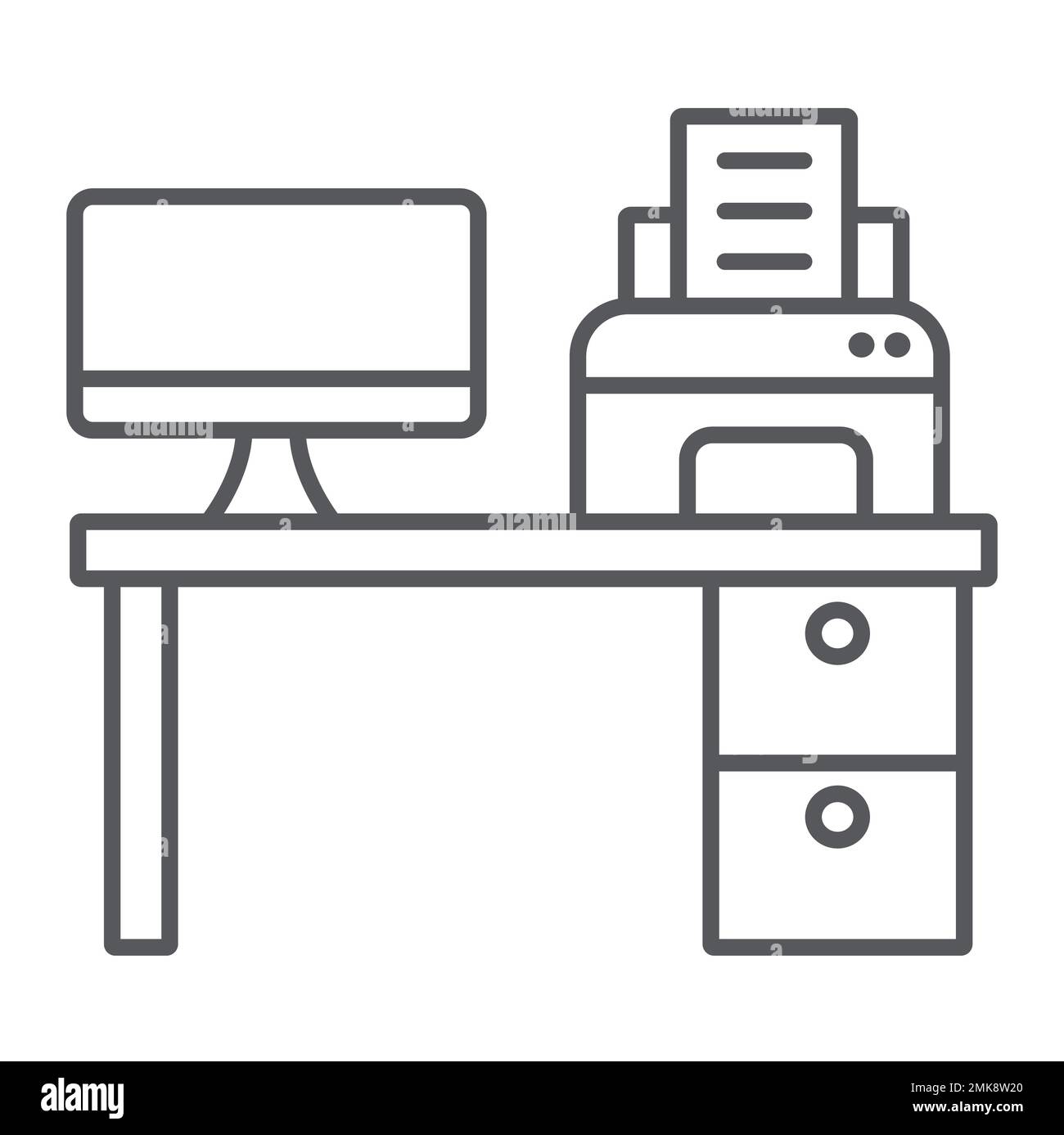 Computer desk thin line icon, office and table, workplace sign, vector ...