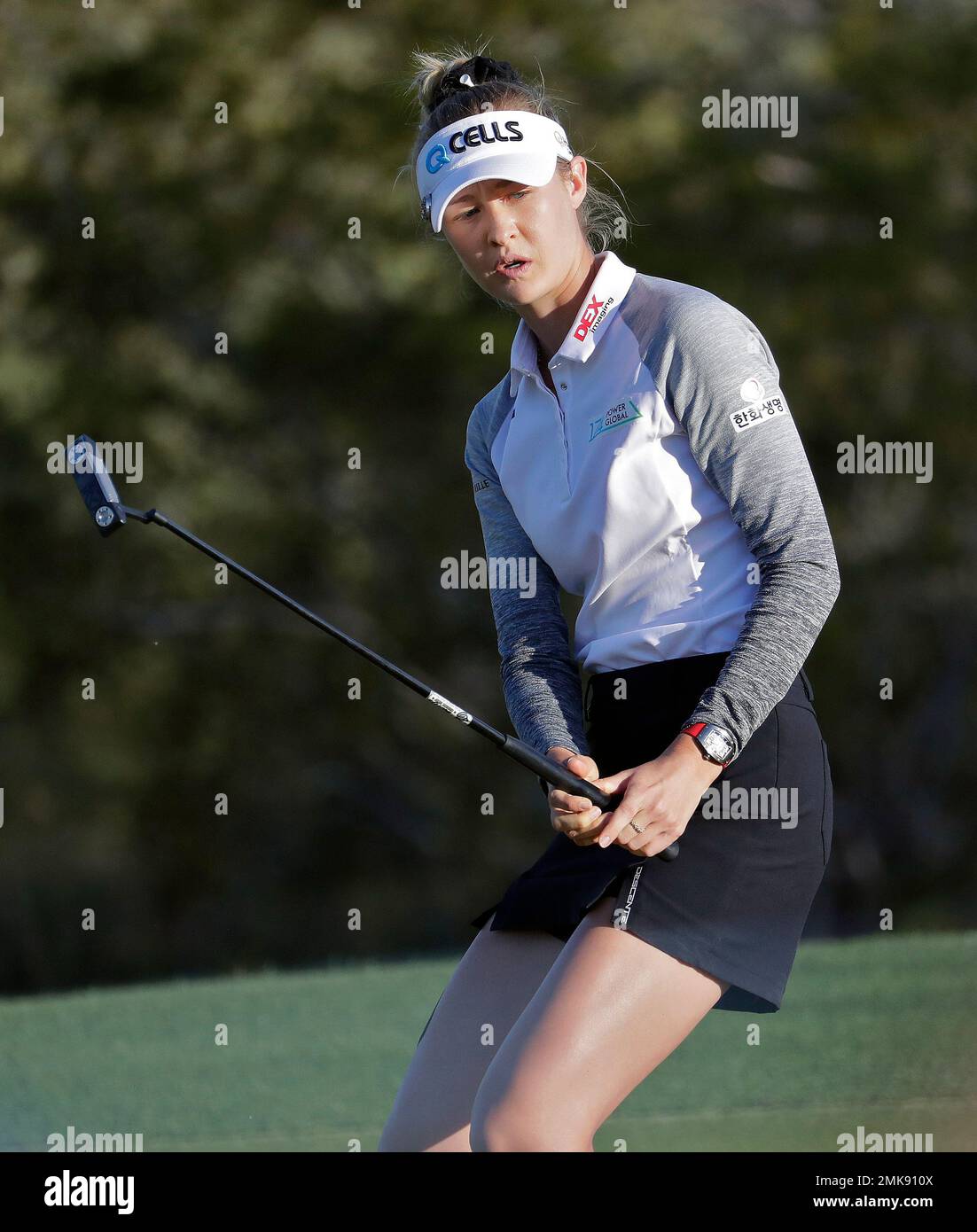 Nelly Korda reacts to missing birdie on the 17th green during the final round of the Founders ...