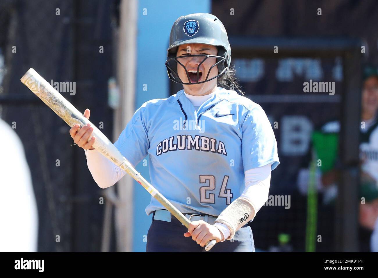 Columbia's Maria Pagane reacts while at bat during an NCAA softball ...