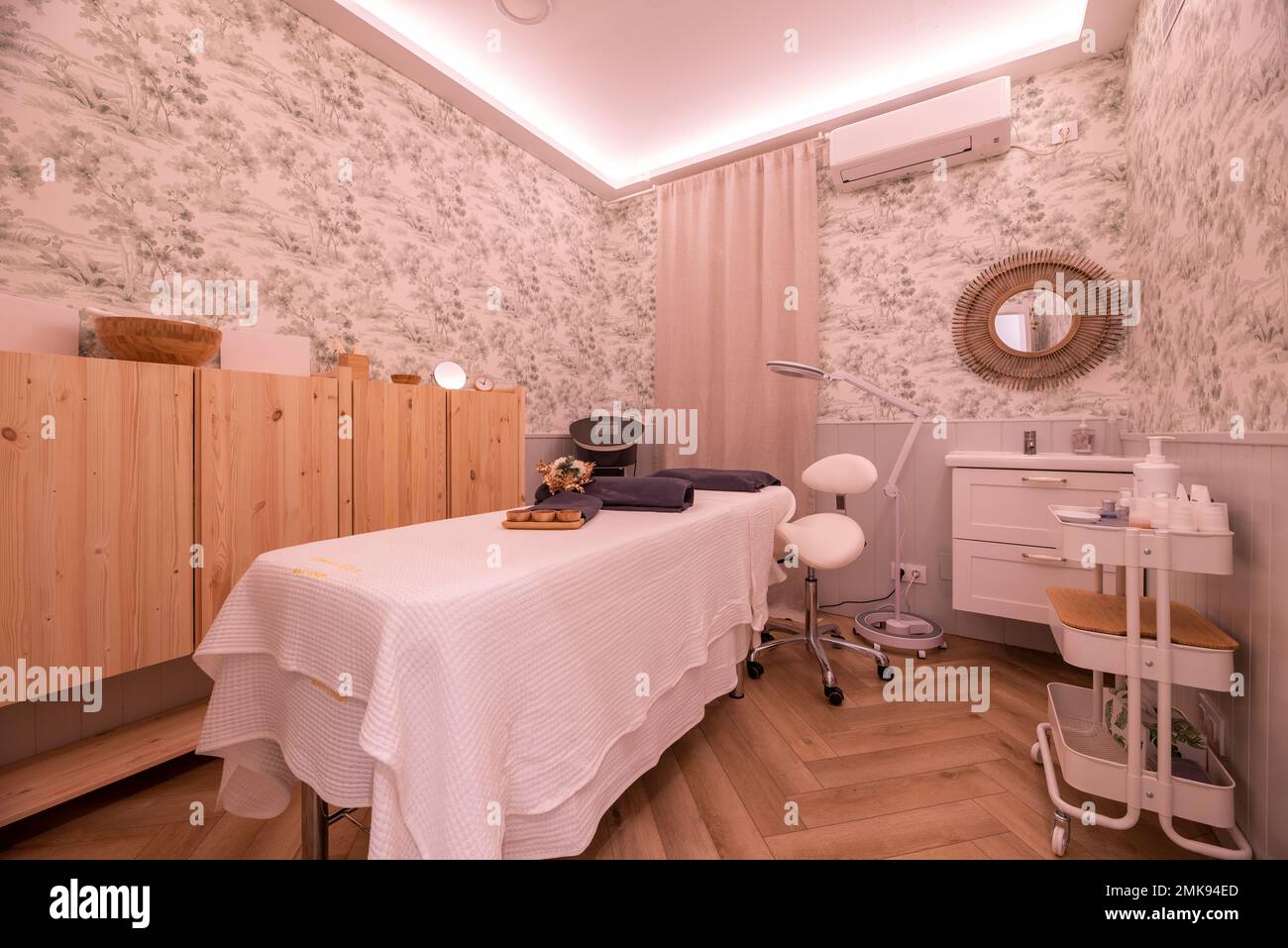 Cabin with massage table and treatments of a beauty salon and aesthetic ...