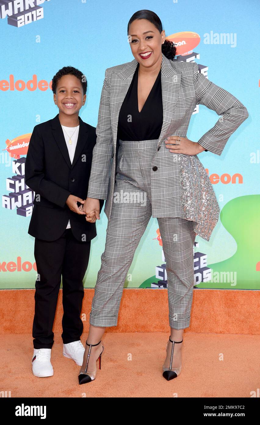 Tia Mowry-Hardrict, right, and her son Cree arrive at the Nickelodeon ...