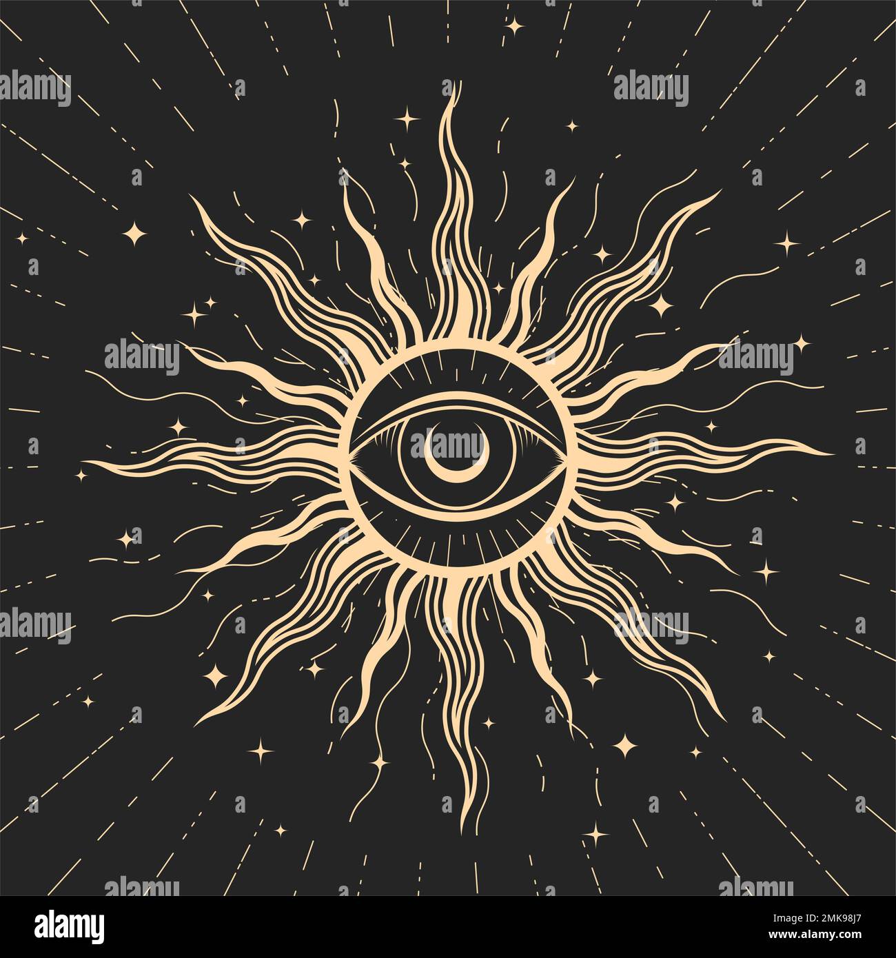 Occult, witchcraft and magic, all seeing eye inside sun with wavy rays ...