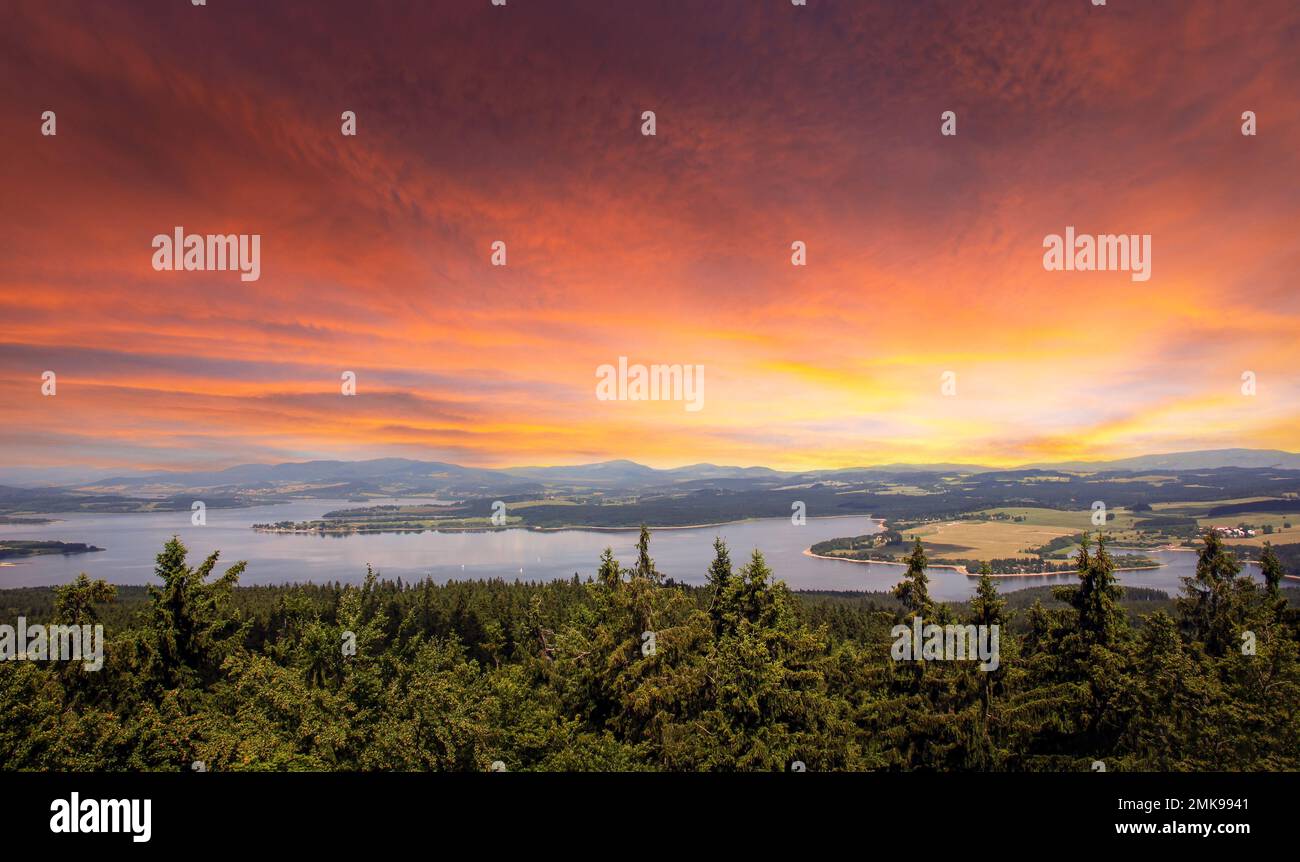 Sunset landscape at Lipno lake, Sumava National Park, Southern Bohemia ...