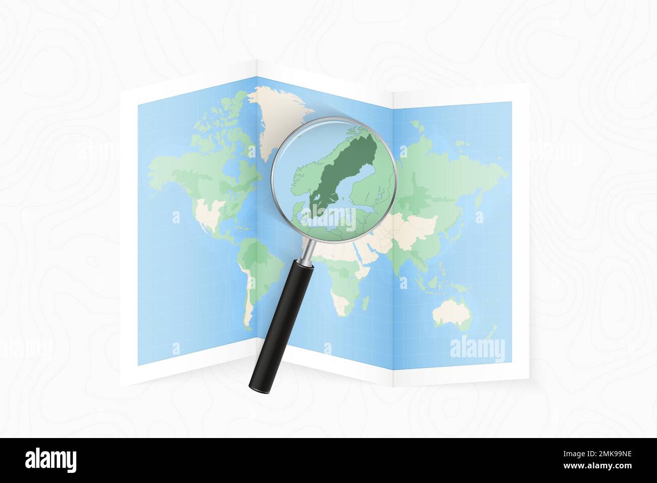 Enlarge Sweden with a magnifying glass on a folded map of the world. Vector paper map Stock ...