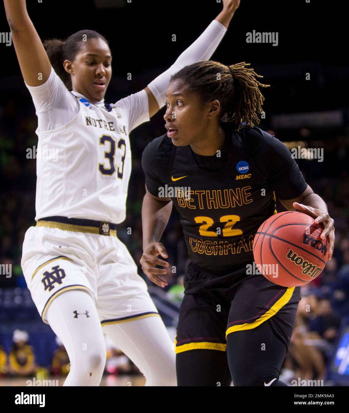 Bethune-Cookman's Tania White (22) gets pressure from Notre Dame's ...