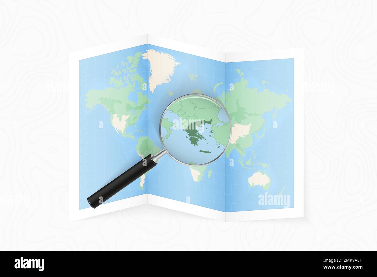 Enlarge Greece with a magnifying glass on a folded map of the world ...