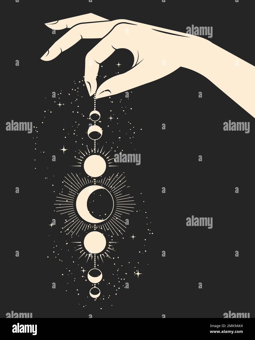 Hand holds pendant with lunar phases, crescent pendulum or amulet, moon ...