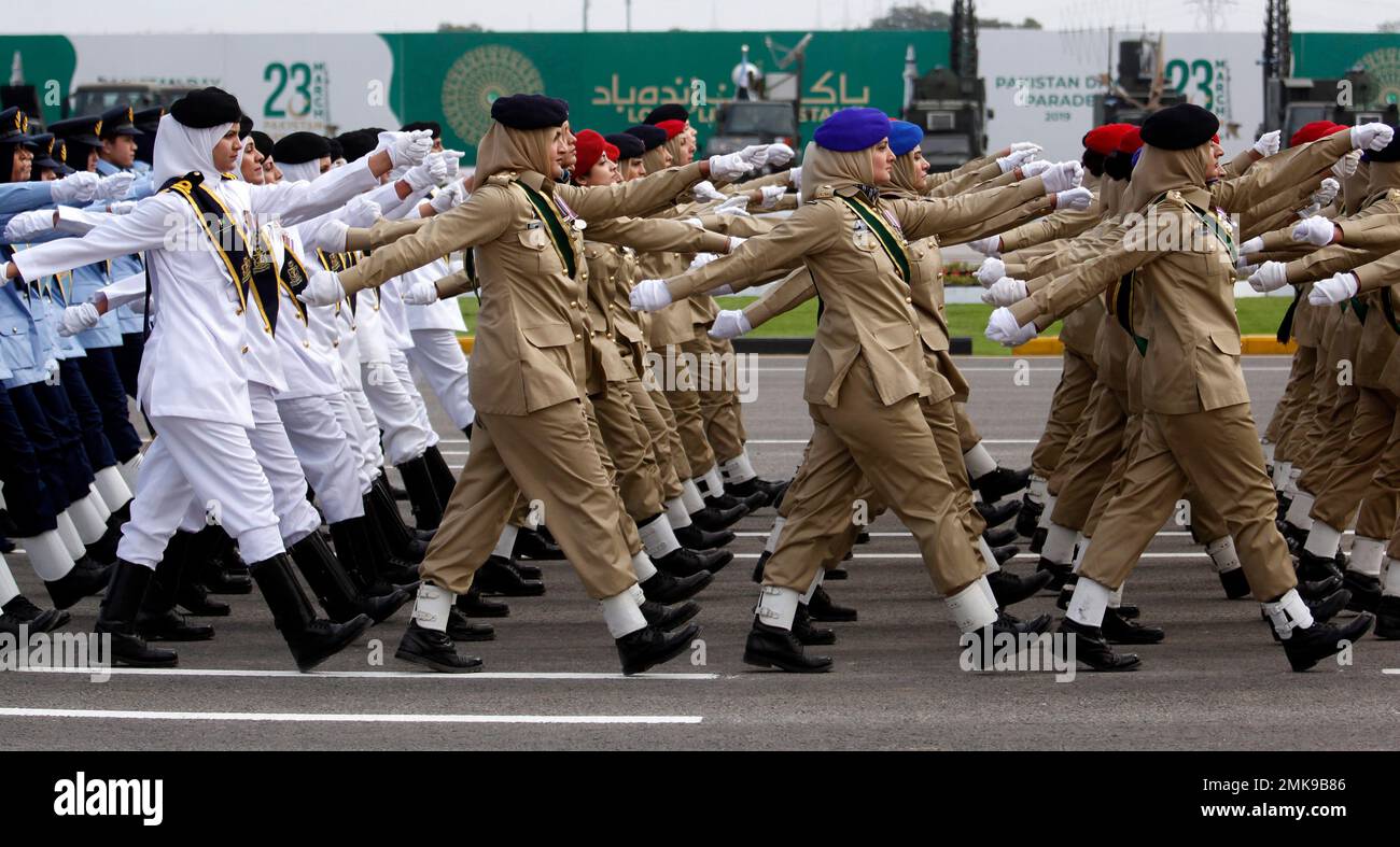 Female soldiers of Pakistan Army march during a military parade to mark ...