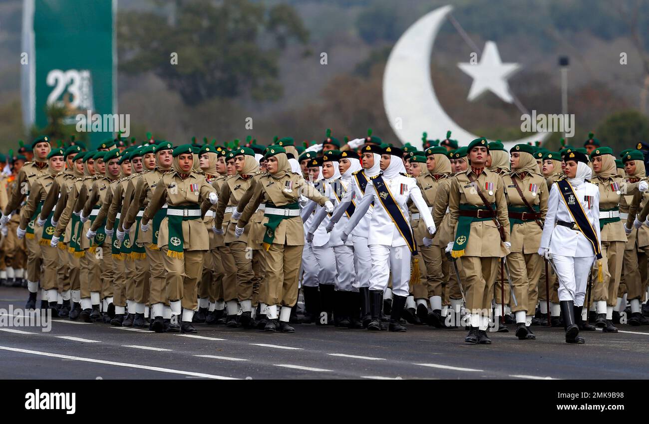 Female soldiers of Pakistan Army march during a military parade to mark ...