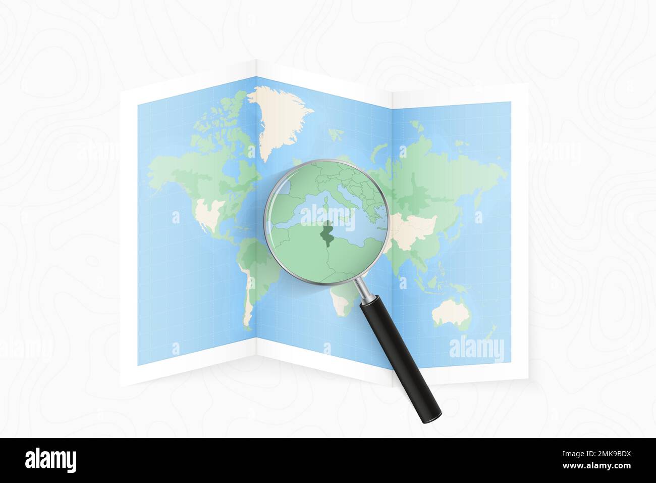 Enlarge Tunisia with a magnifying glass on a folded map of the world ...