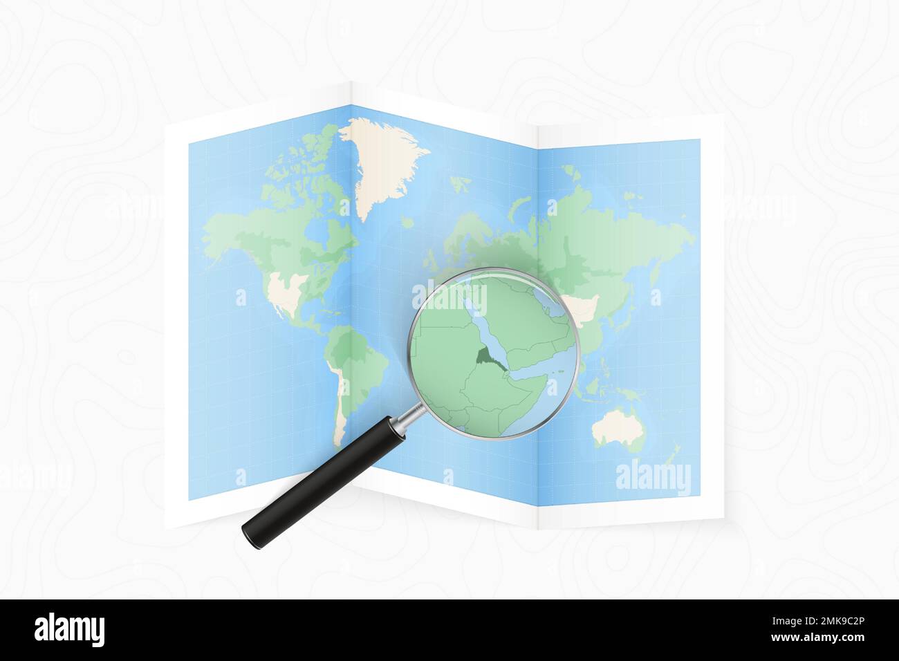 Enlarge Eritrea With A Magnifying Glass On A Folded Map Of The World Vector Paper Map Stock