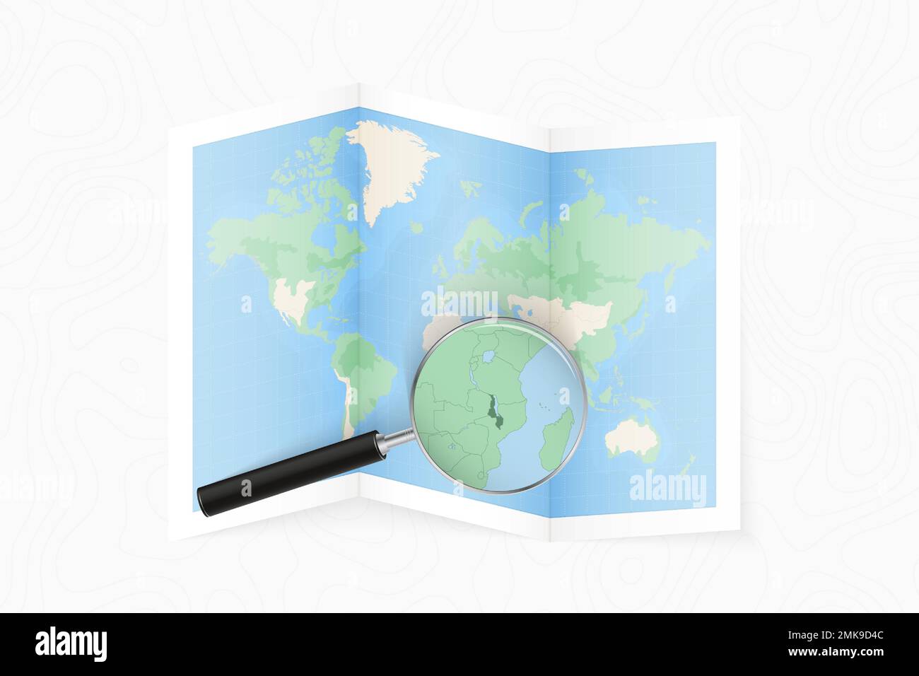 Enlarge Malawi with a magnifying glass on a folded map of the world ...