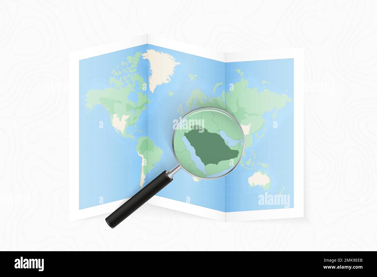 Enlarge Saudi Arabia with a magnifying glass on a folded map of the world. Vector paper map ...