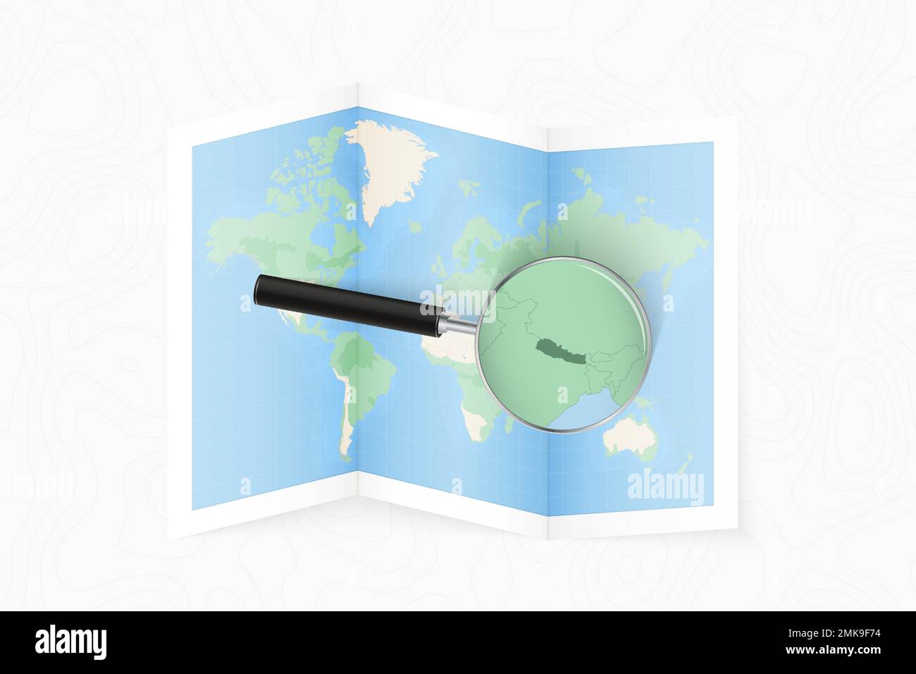 Enlarge Nepal with a magnifying glass on a folded map of the world. Vector paper map Stock ...