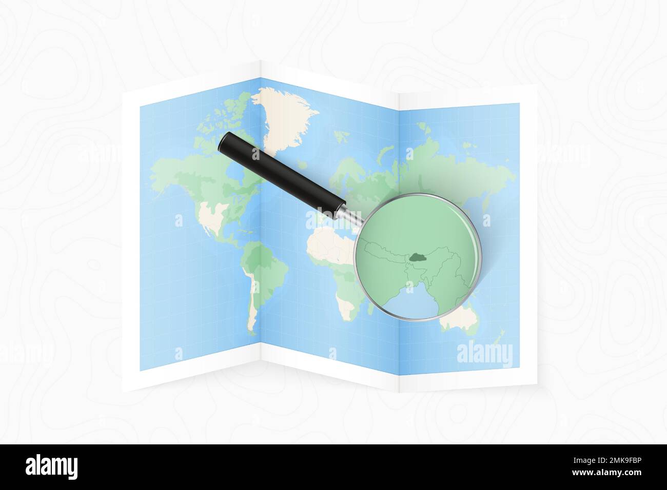 Enlarge Bhutan with a magnifying glass on a folded map of the world. Vector paper map Stock ...