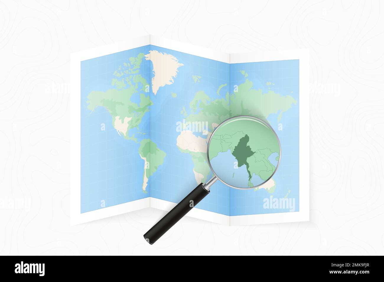 Enlarge Myanmar with a magnifying glass on a folded map of the world. Vector paper map Stock ...