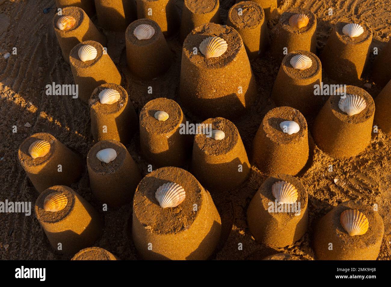 France, Calvados (14), Houlgate, sand castles with shells on the beach ...