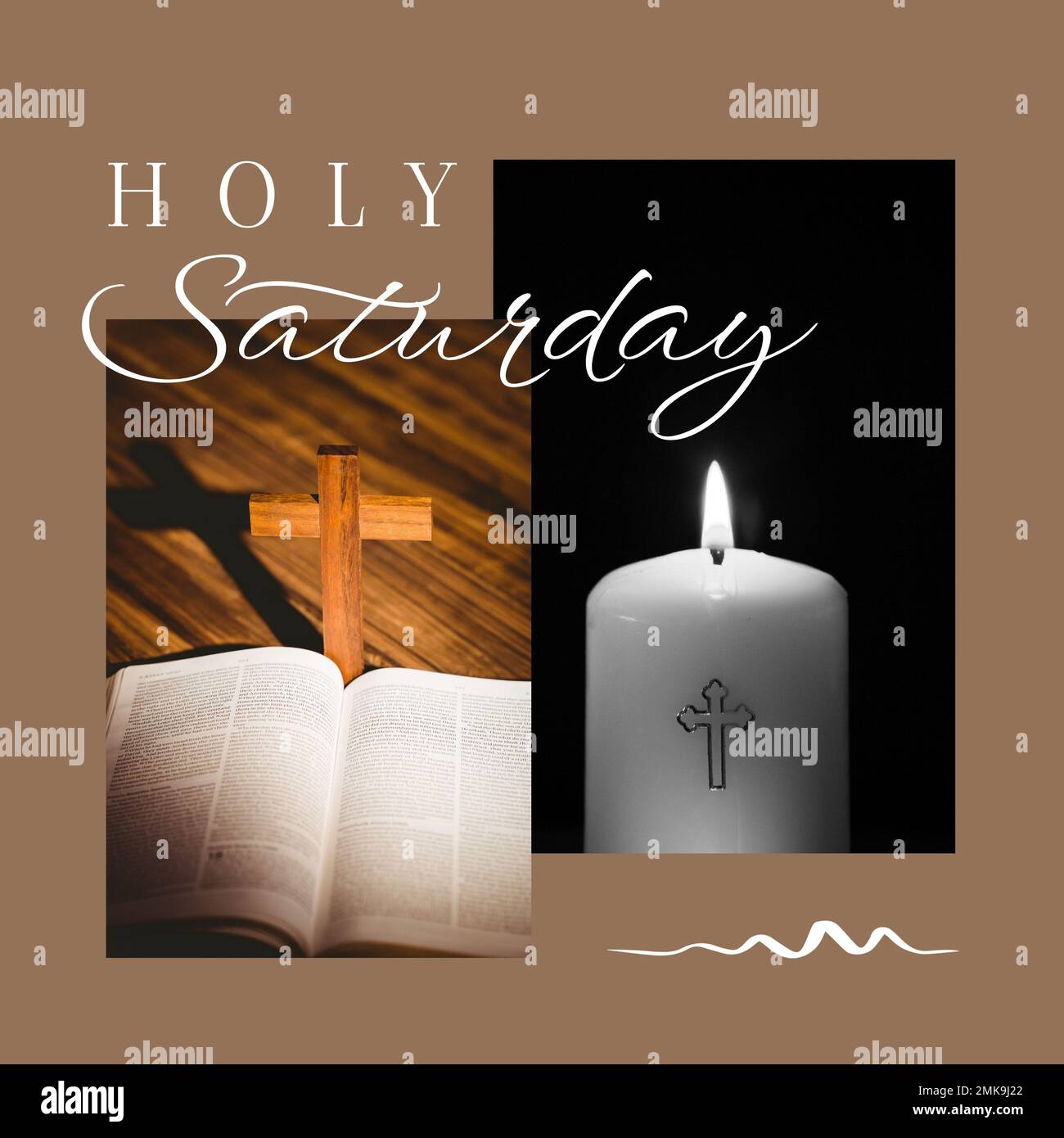 Composition of holy saturday text and christian cross, bible and candle ...