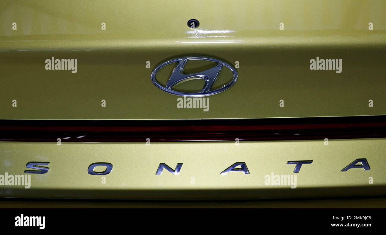 A logo of Hyundai Motor is seen on an all-new Sonata sedan before the ...