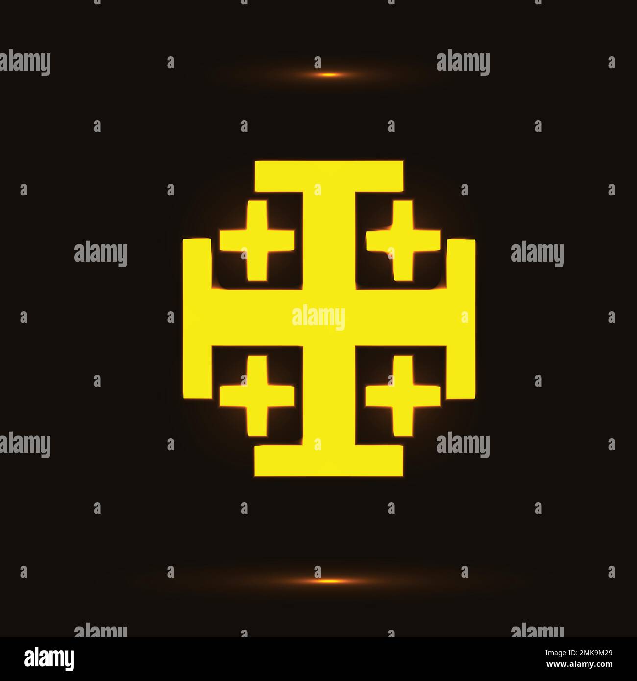 Golden Jerusalem cross symbol over black background. Glowing cross icon ...