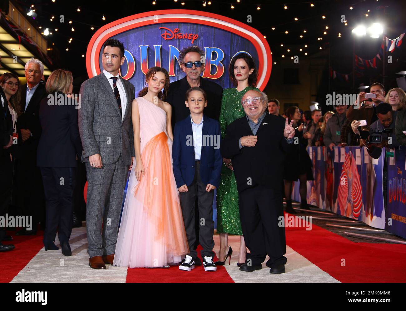 Actors Colin Farrell, from left, Nico Parker, Tim Burton, Finley ...