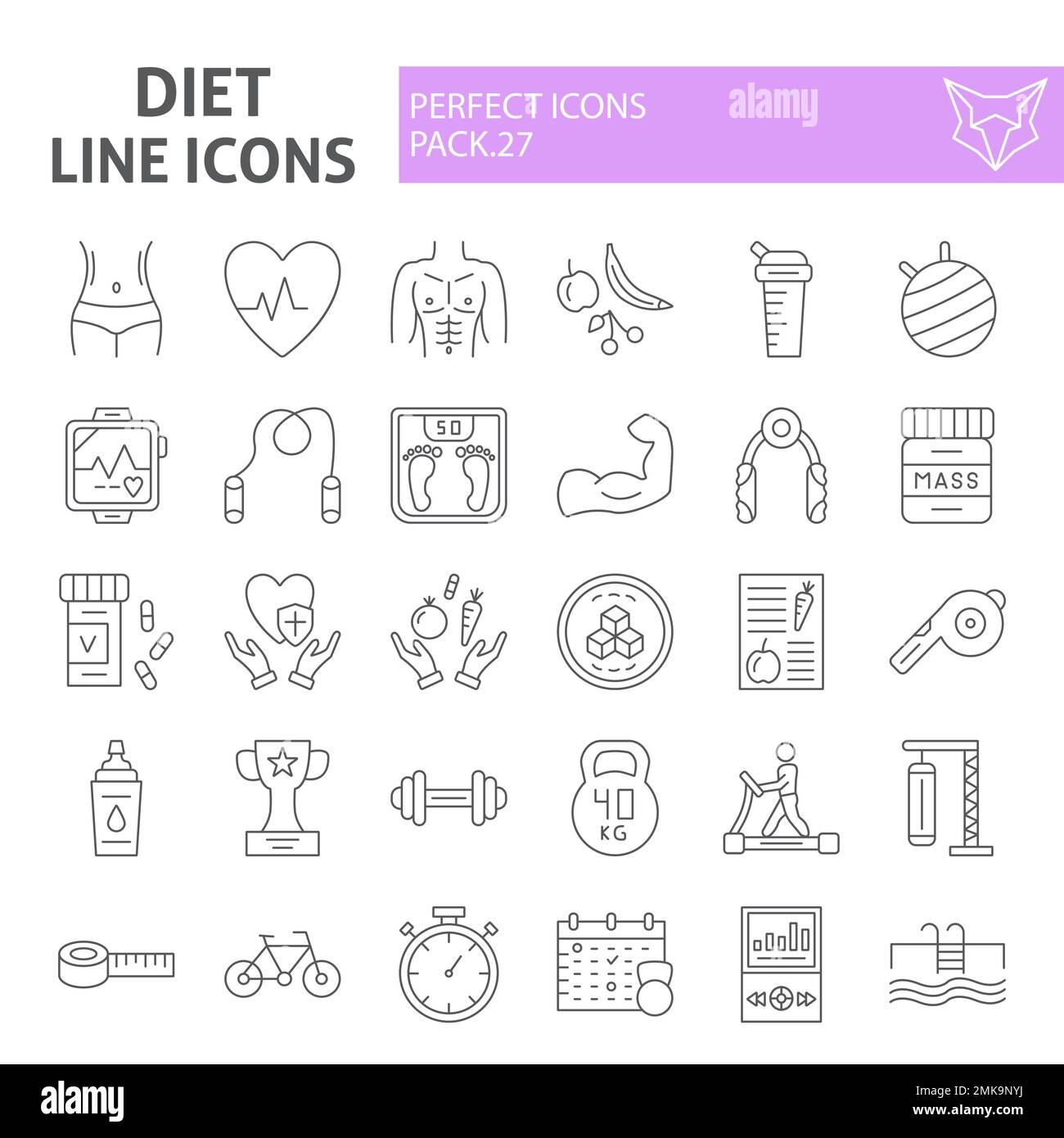 Diet thin line icon set, sport symbols collection, vector sketches ...