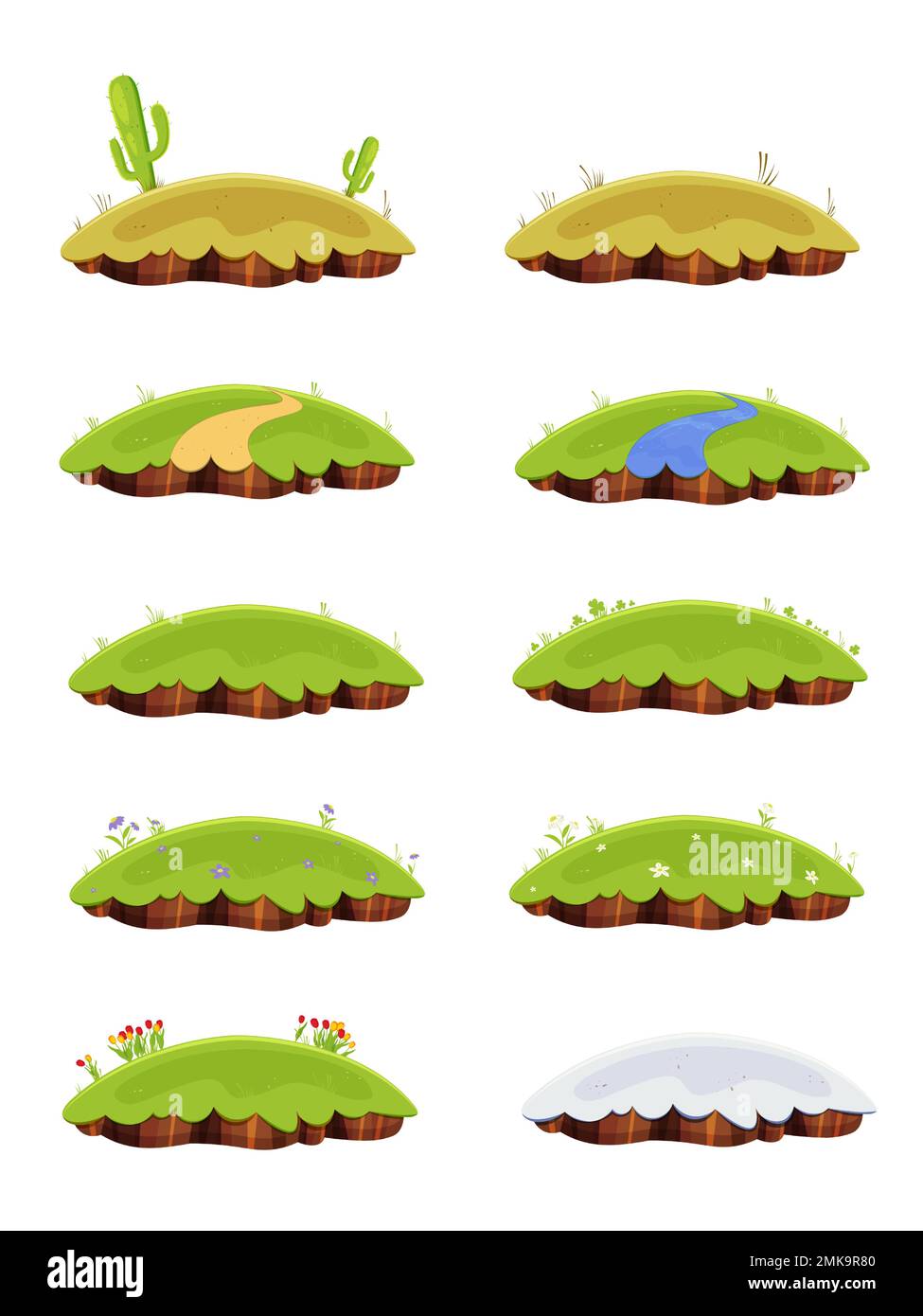 Set of island landscapes with green grass, snow and praire plants ...