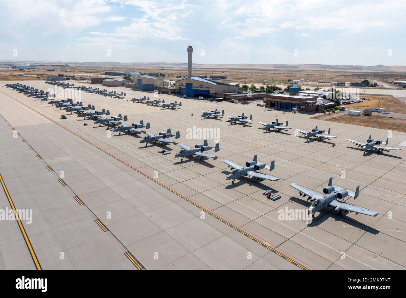 Thirty-seven A-10 Thunderbolt II’s sit on the flightline at Gowen Field ...