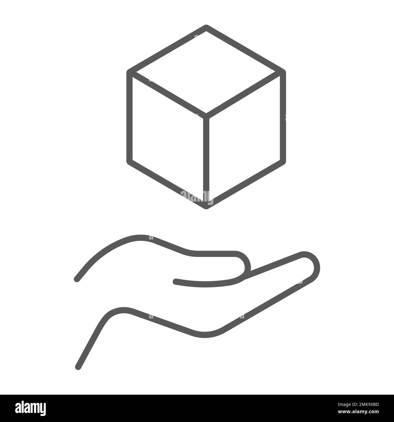 Cube in hands thin line icon, arm and cube, hands holding block sign ...