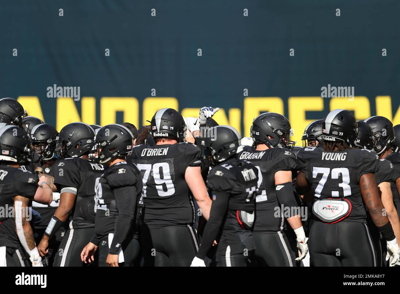 The Birmingham Iron team huddles up before pre-game warmups prior to a ...