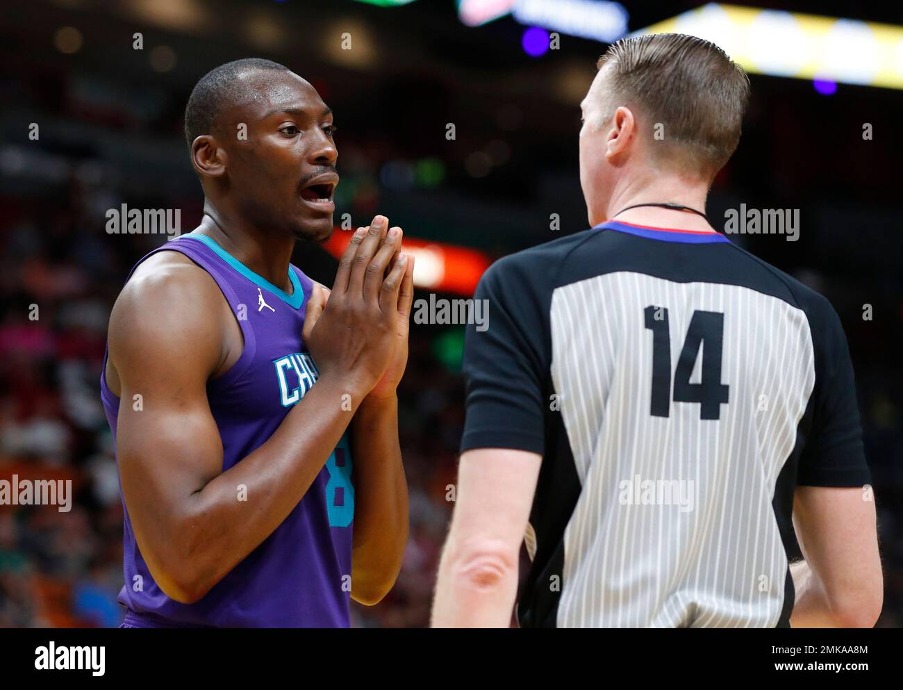 Charlotte Hornets center Bismack Biyombo (8) argues a call with referee ...