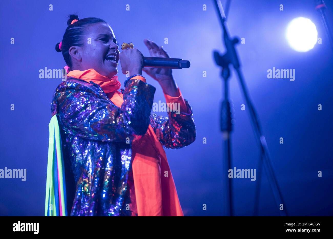 Singer Li Saumet of band Bomba Estereo performs during the Vive Latino ...