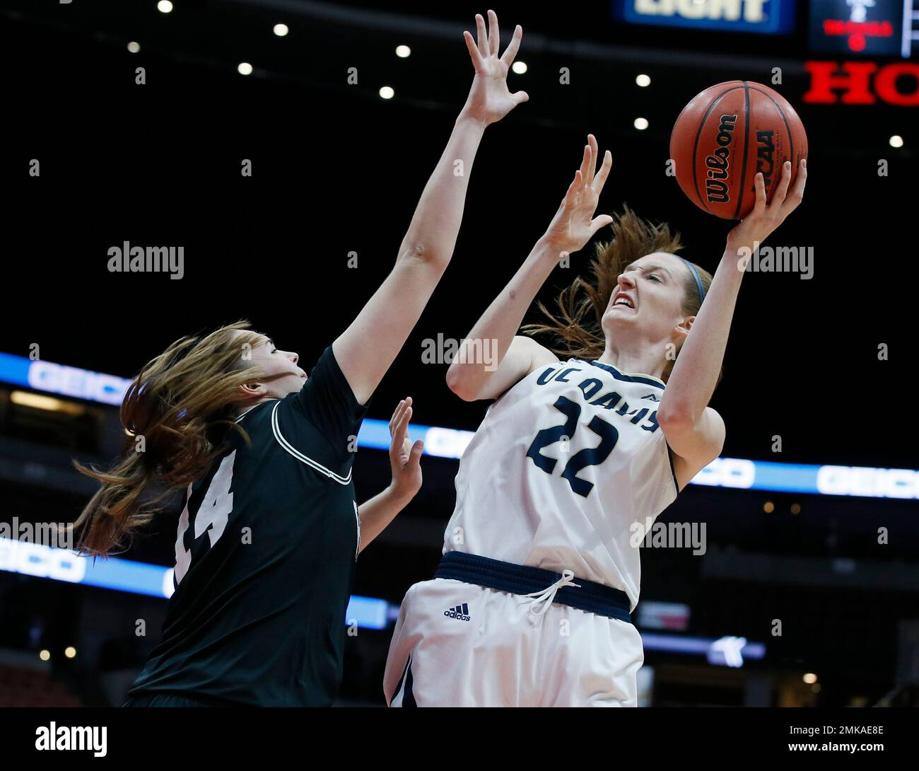 UC Davis forward Morgan Bertsch (22) shoots over Hawaii center Lauren ...