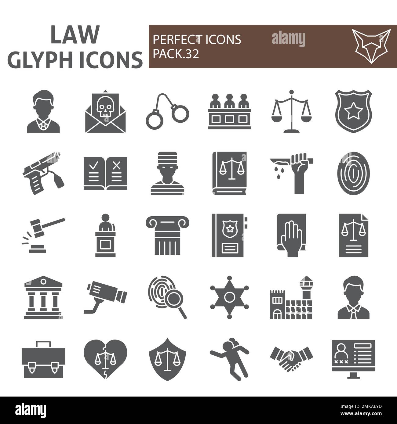 Law glyph icon set, justice symbols collection, vector sketches, logo illustrations ...