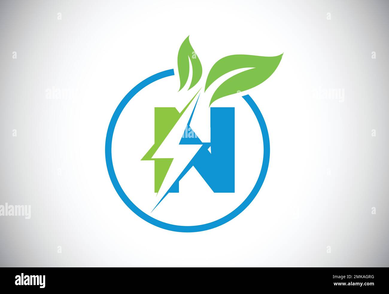 Initial N letter thunderbolt leaf circle or eco energy saver icon. Leaf ...