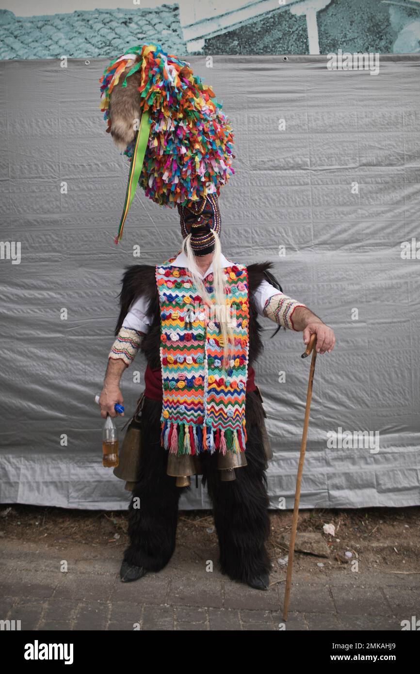 In this Monday March 11, 2019 photo a man wearing a mask that includes ...