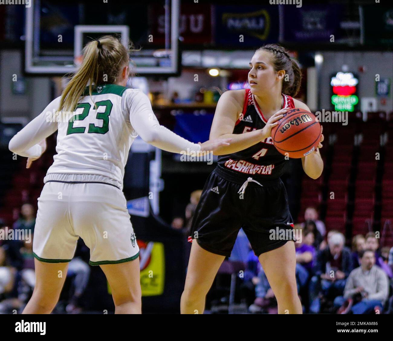 Eastern Washington's Jessica McDowell-White (4) looks to pass the ball ...