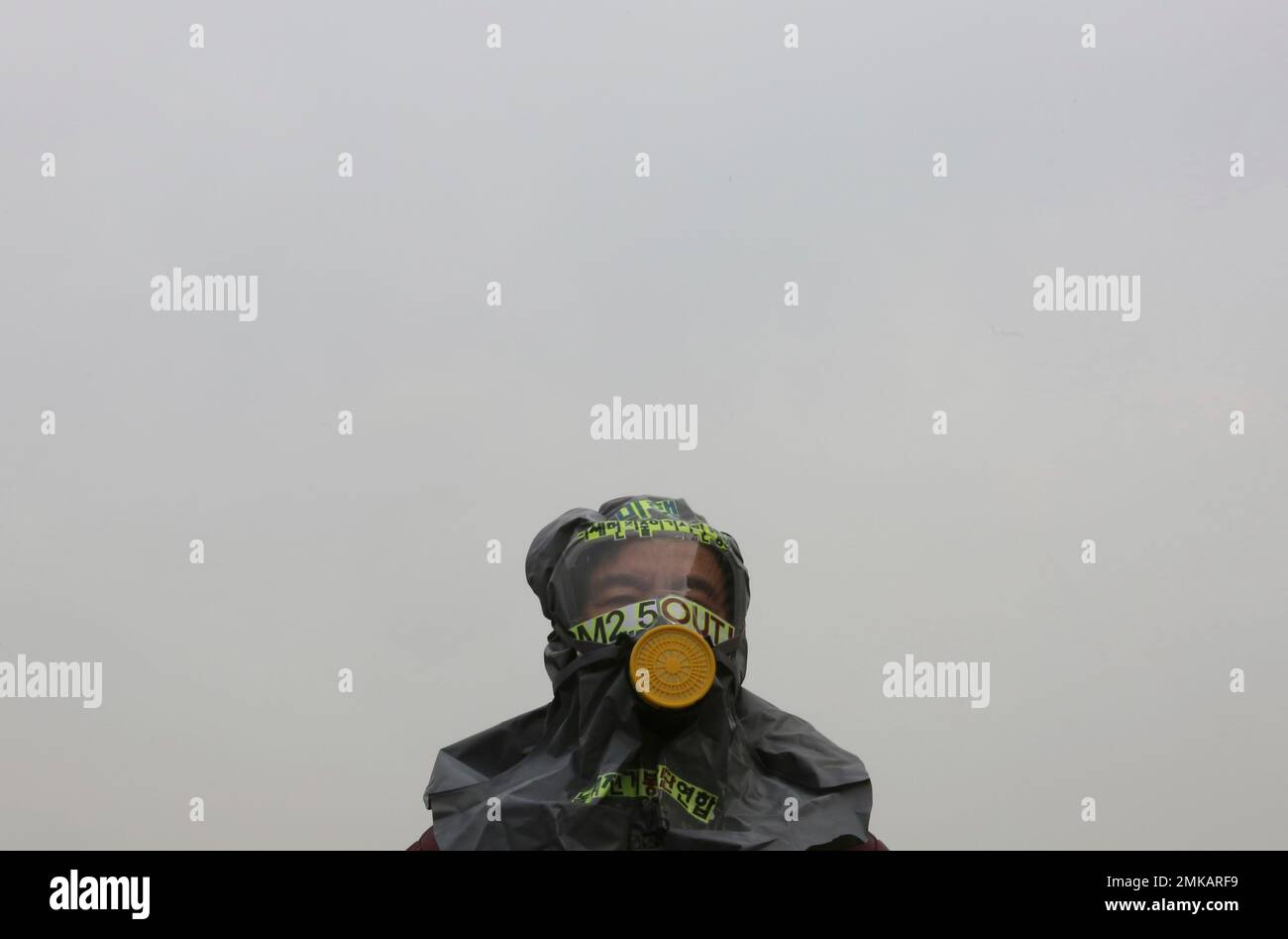 A South Korean environmental activist wearing a gas mask stands in ...