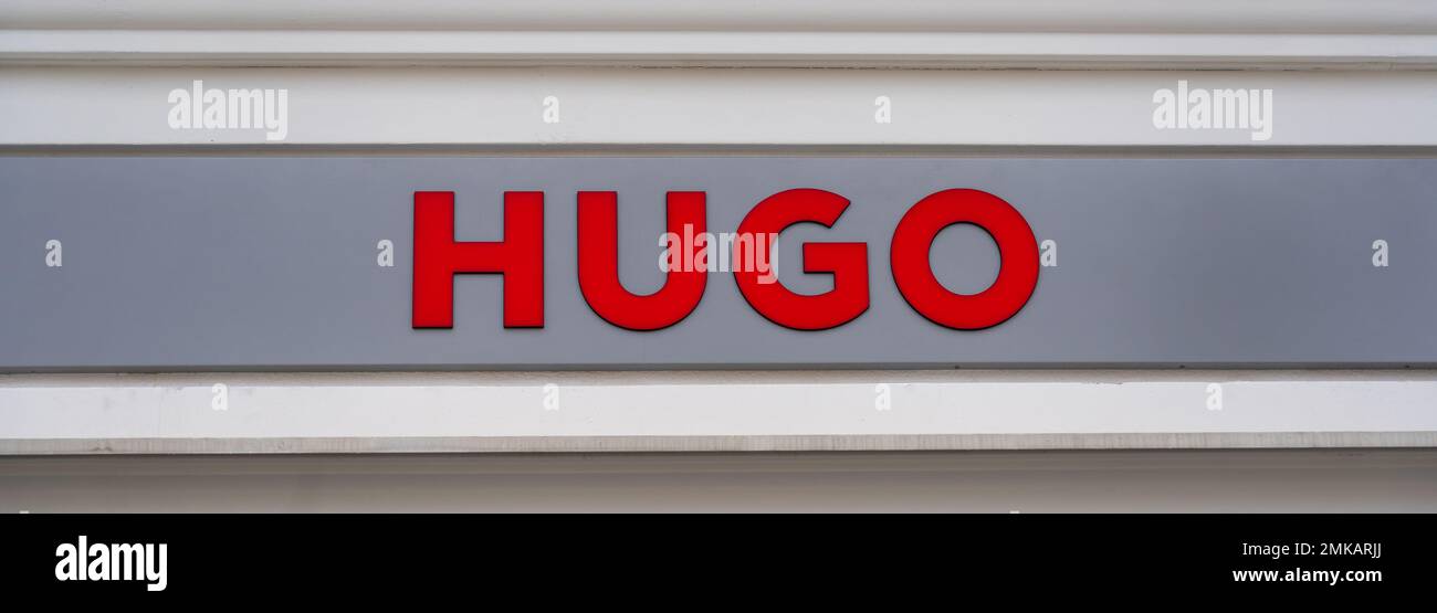 Vienna, Austria - December 10, 2022: Shop window of Hugo sign with the ...