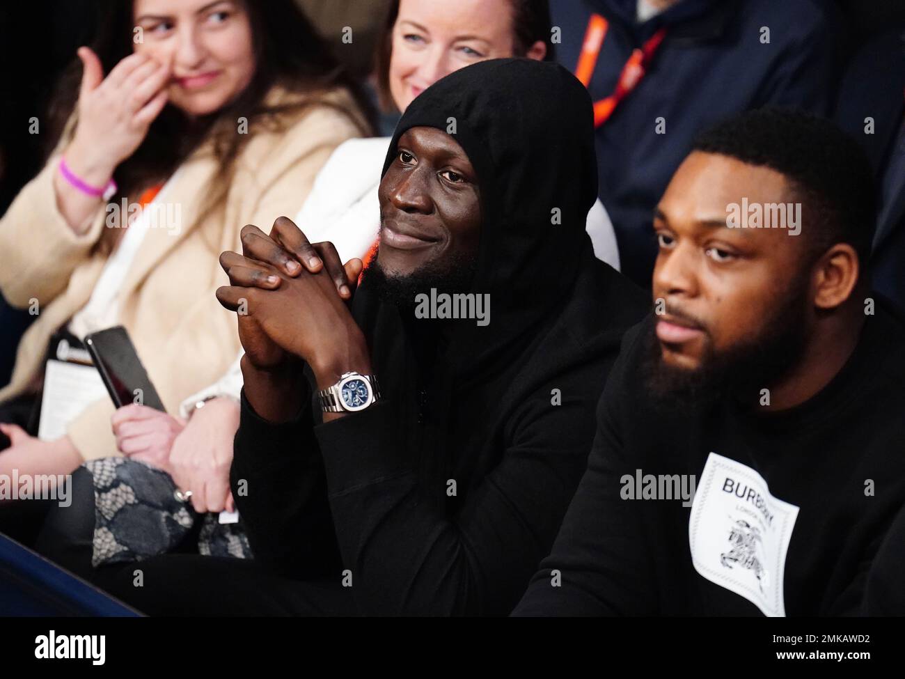 Rapper Stormzy is seen ringside at the OVO Arena Wembley, London ...