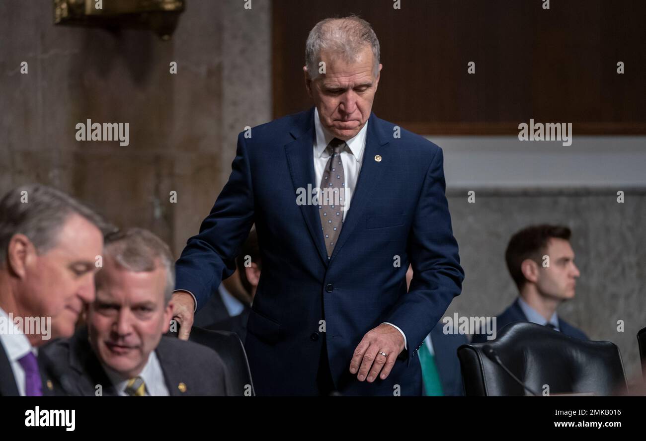 Sen.Thom Tillis, R-N.C., joined from left by Sen. David Perdue, R-Ga ...