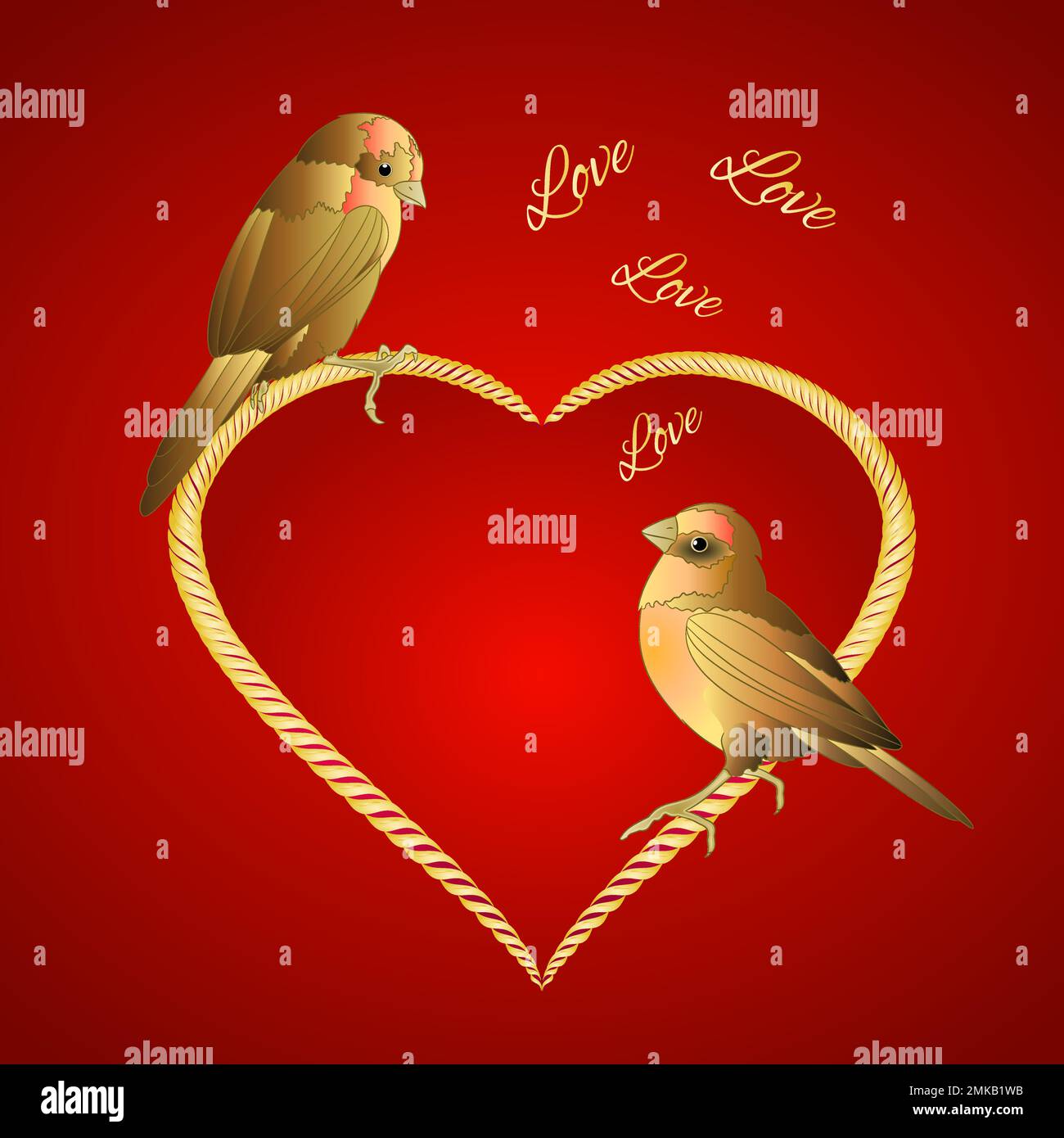 Little golden birds and hearts valentines place for text red background ...