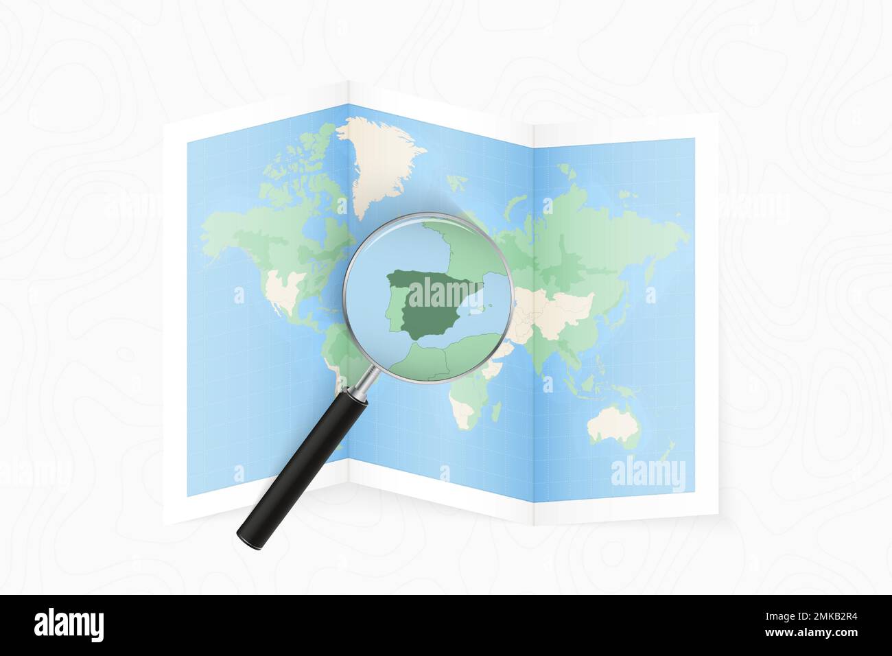 Enlarge Spain with a magnifying glass on a folded map of the world. Vector paper map Stock ...