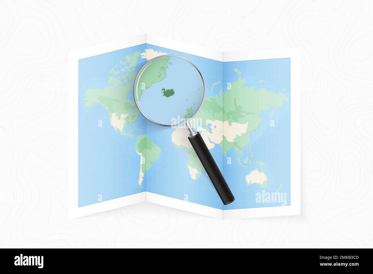 Enlarge Iceland with a magnifying glass on a folded map of the world ...