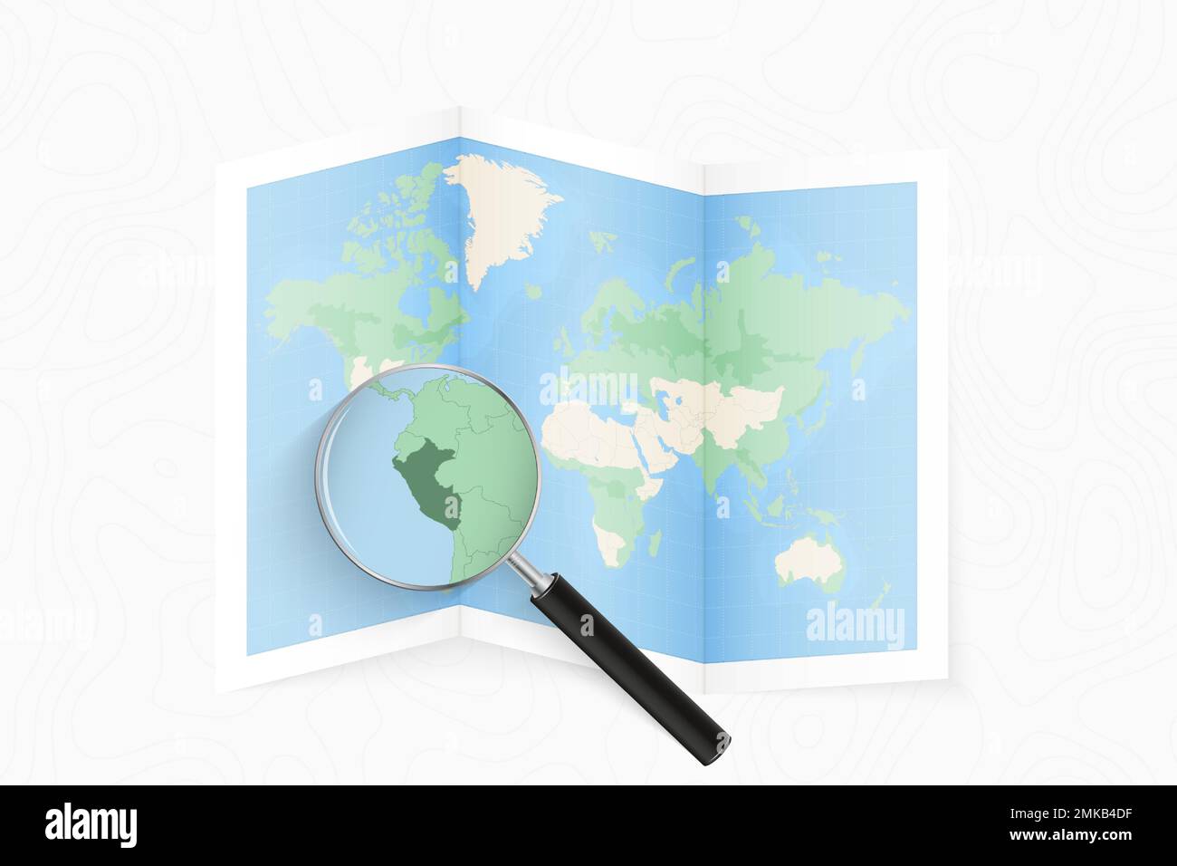 Enlarge Peru with a magnifying glass on a folded map of the world ...