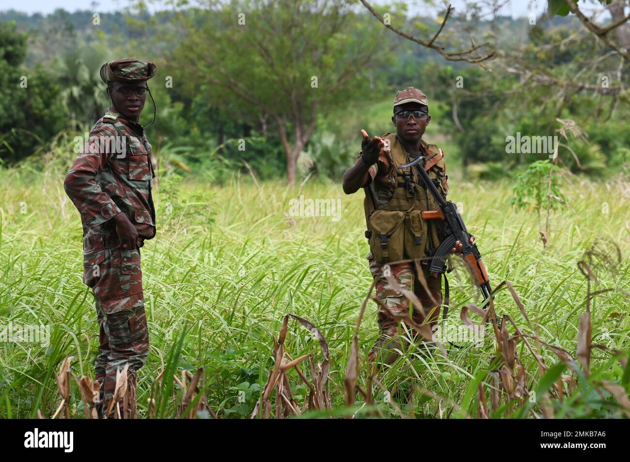 A Beninese soldier from the 1st Commando Parachute Battalion relays a ...