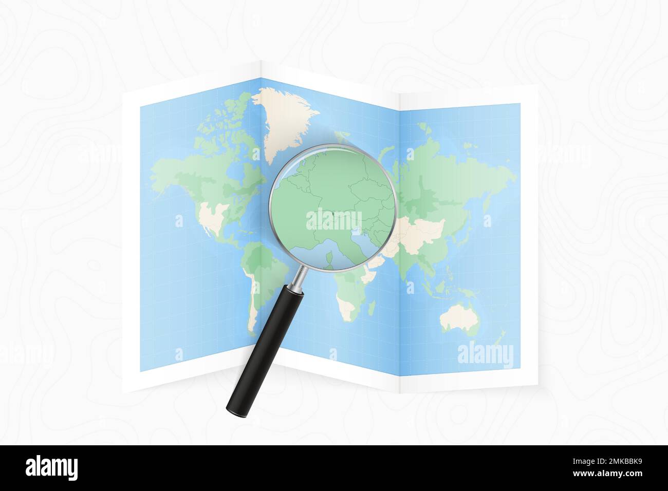 Enlarge Liechtenstein with a magnifying glass on a folded map of the world. Vector paper map ...