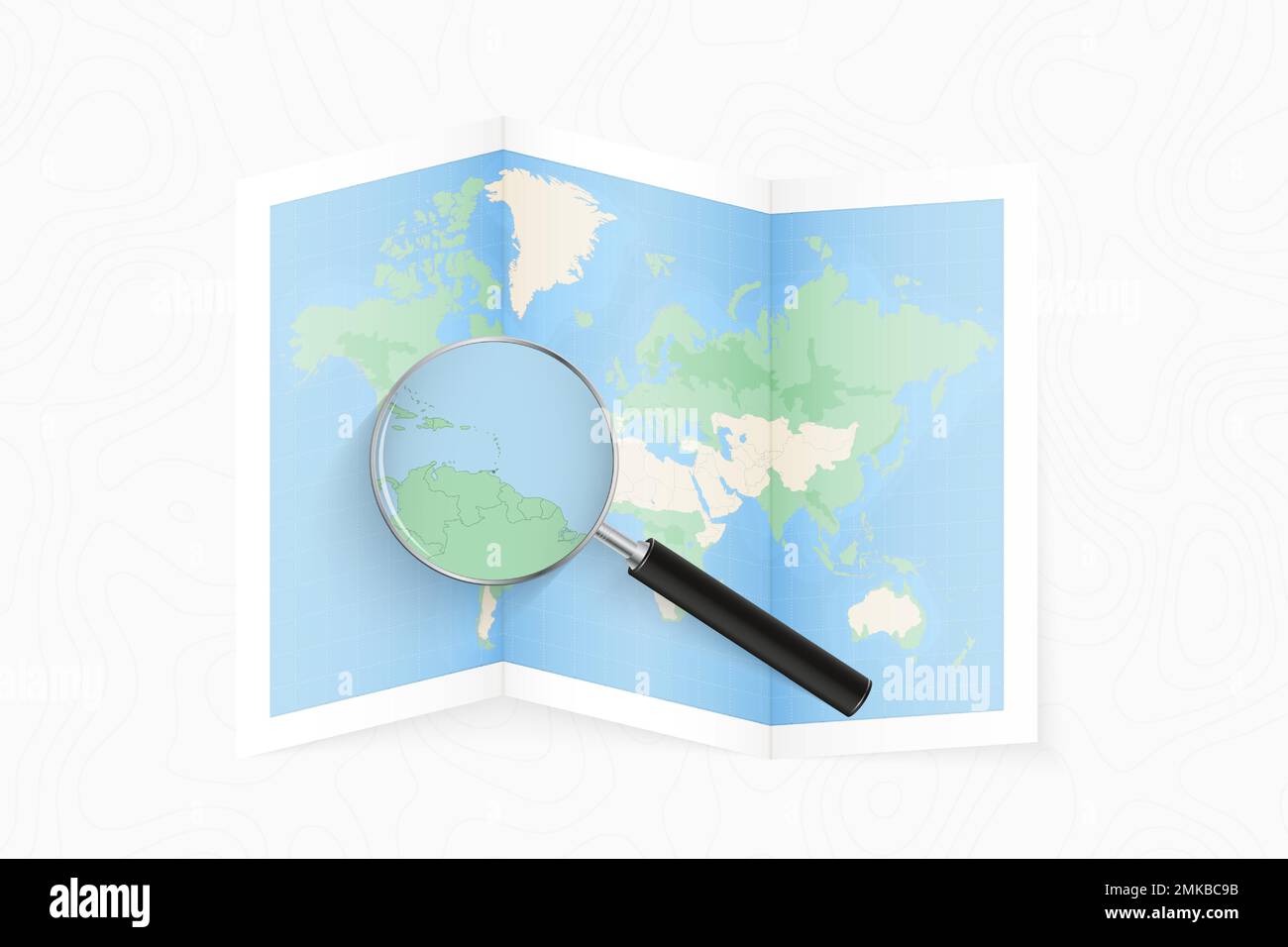 Enlarge Trinidad and Tobago with a magnifying glass on a folded map of the world. Vector paper ...